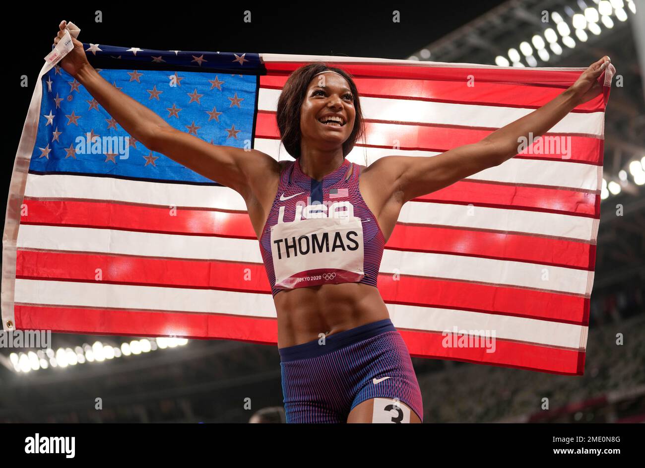 Gabrielle Thomas, of United States celebrates after winning the bronze ...