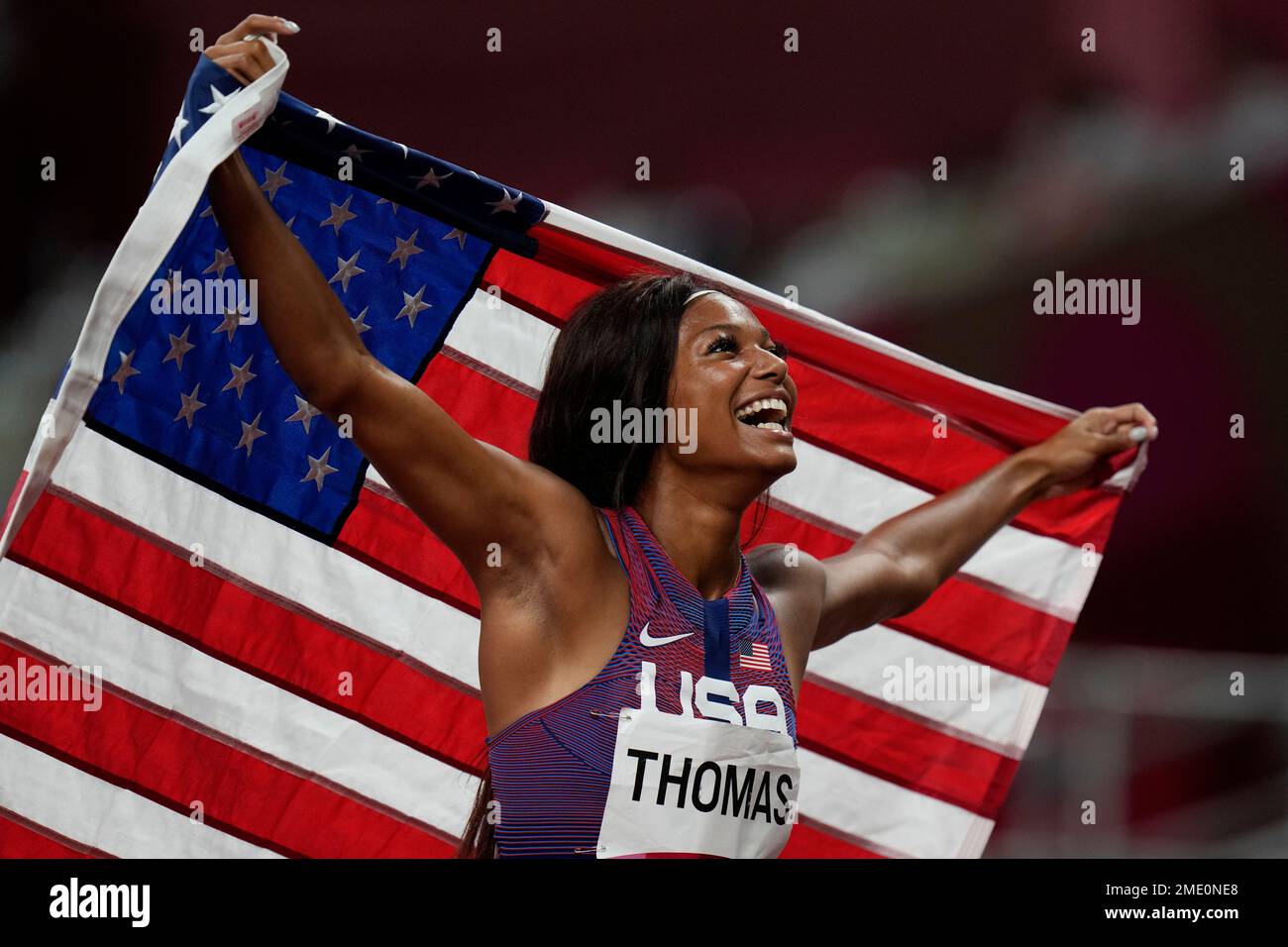 Gabrielle Thomas, of United States, celebrates after her third place ...