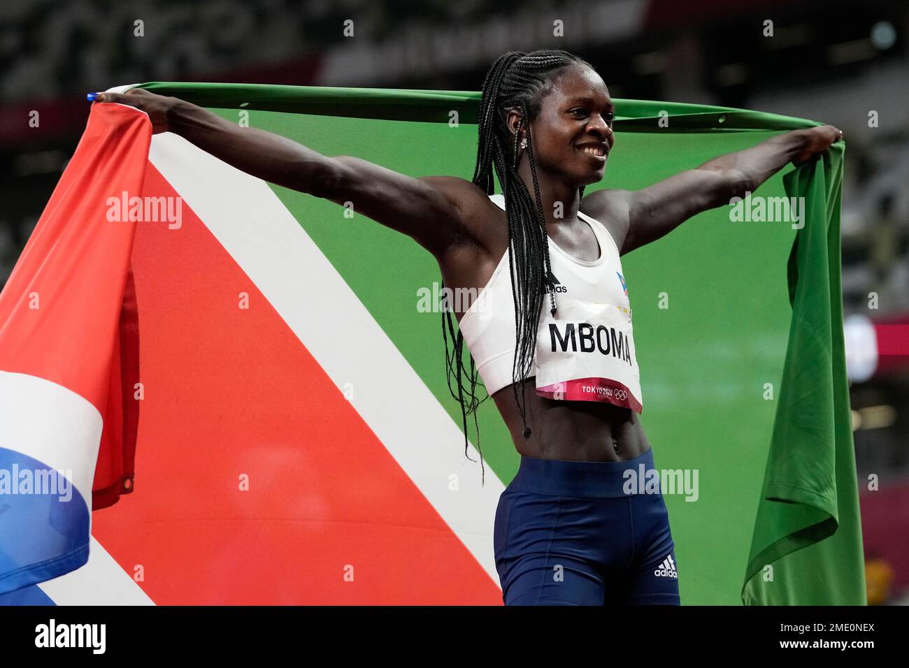 Christine Mboma, of Namibia, celebrates after her second place finish ...