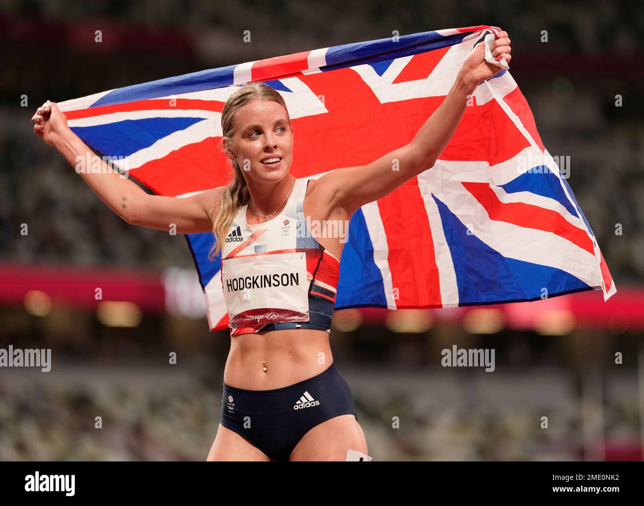 Keely Hodgkinson, of Britain celebrates winning the silver in the final ...