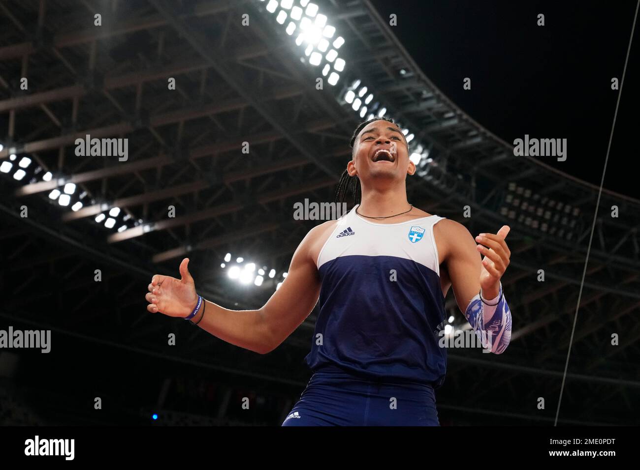 Emmanouil Karalis, of Greece, reacts in the men's pole vault final at ...