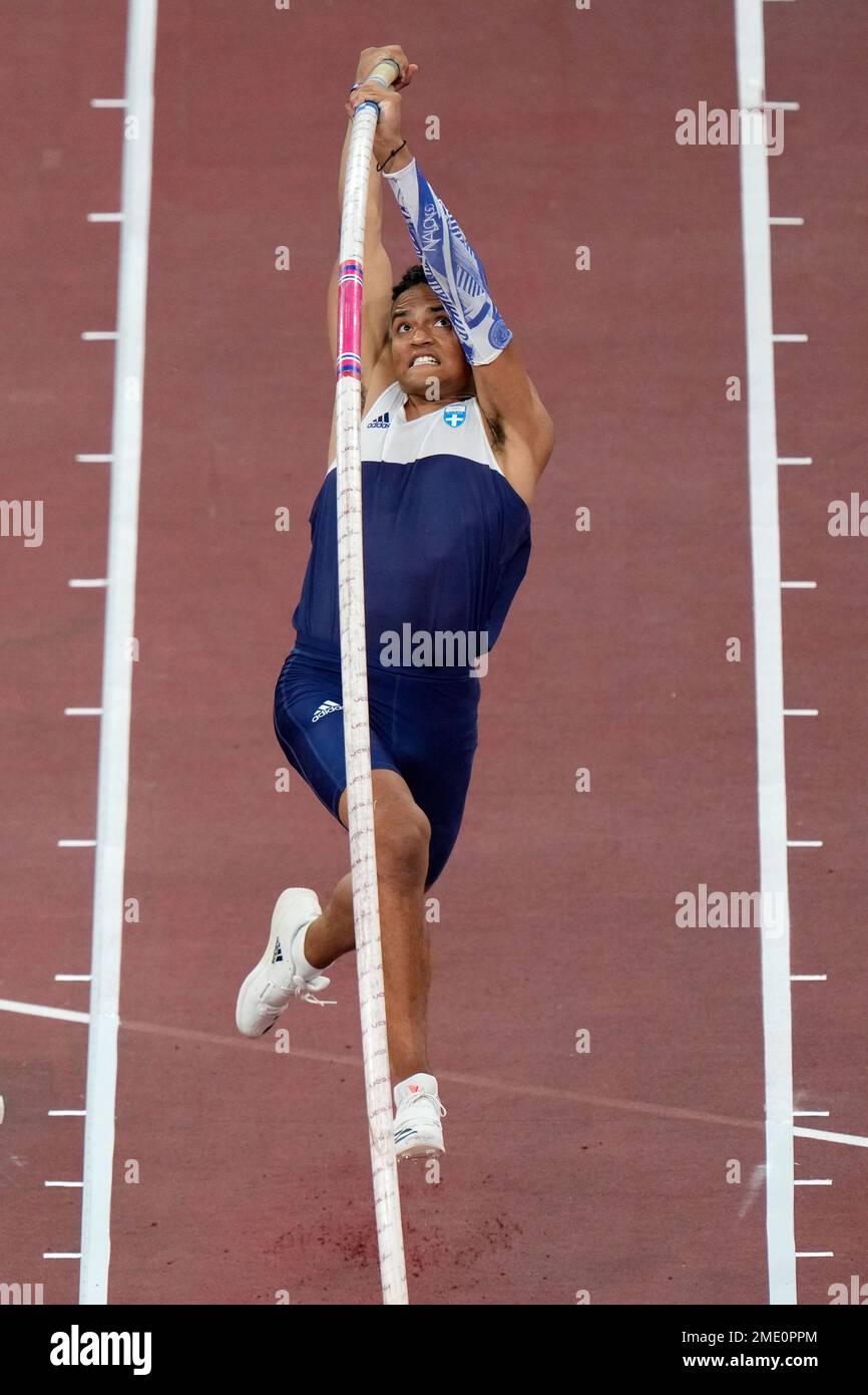 Emmanouil Karalis, of Greece, competes in the men's pole vault final at ...