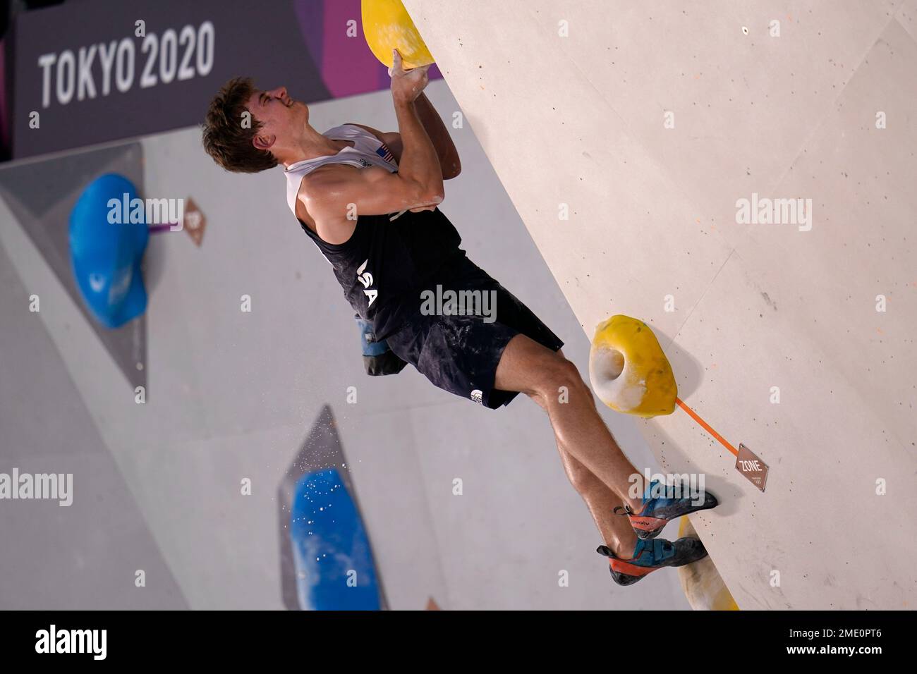 Colin Duffy, of the United States, participates during the bouldering ...