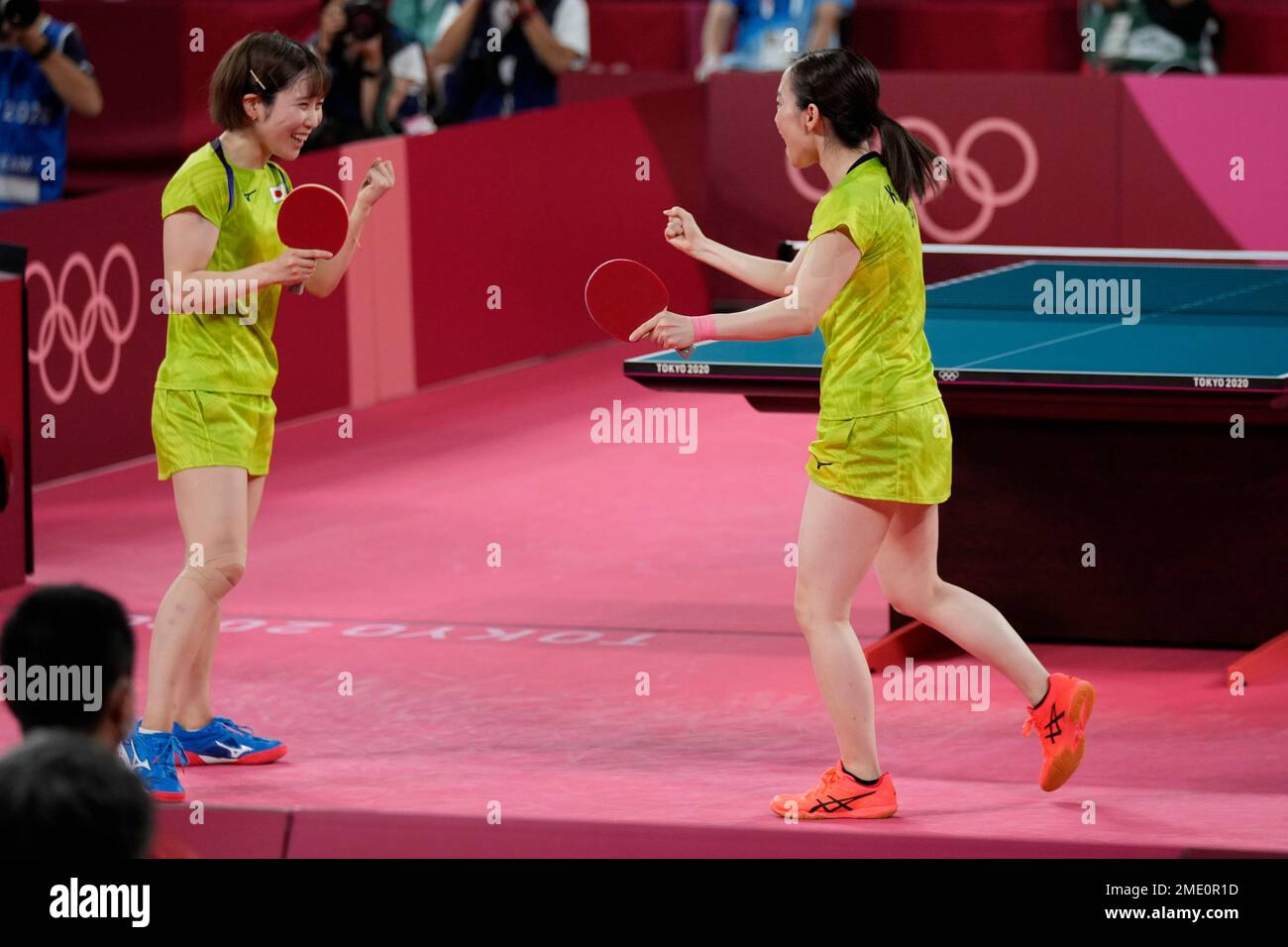Japan's Kasumi Ishikawa, right, celebrate with her teammate Miu Hirano ...