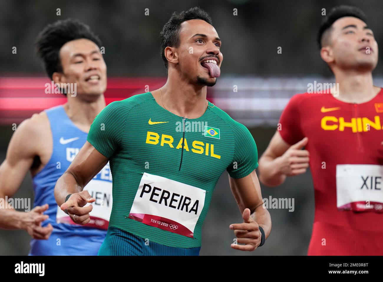 Rafael Pereira, of Brazil, reacts after his heat of the men's 110-meter ...