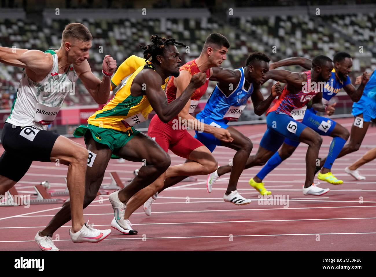 Runners start in a heat of the men's 110-meter hurdles at the 2020 ...