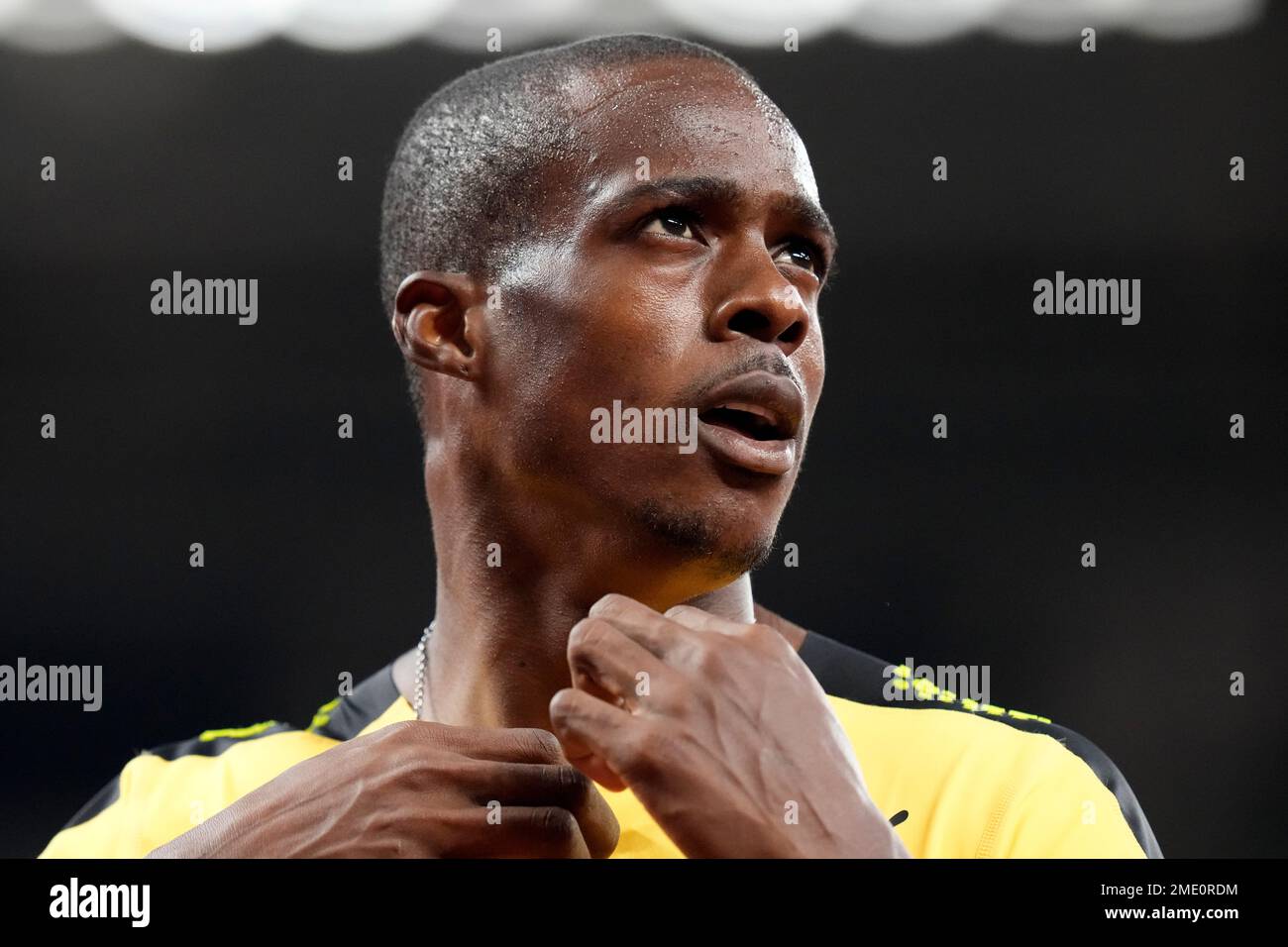 Ronald Levy, of Jamaica, reacts after his heat in the men's 110-meter ...