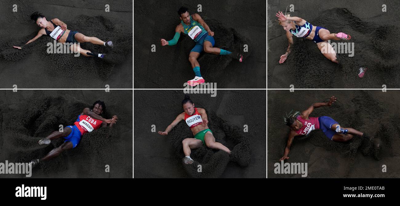 Jumpers, from top left, Darya Reznichenko, of Uzbekistan, Almir Dos Santos, of Brazil, Darya ...