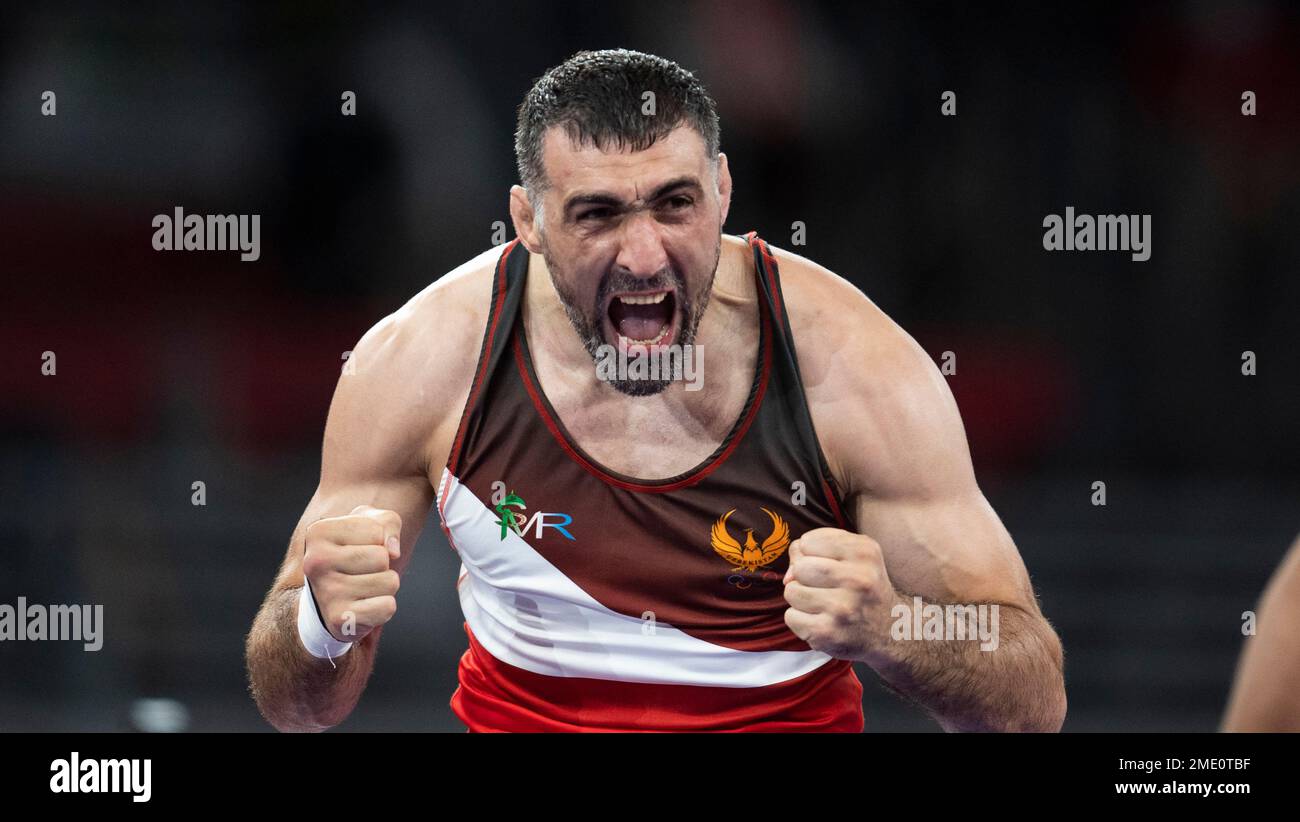 Uzbekistan's Rustam Assakalov reacts during the men's 87kg Greco-Roman ...
