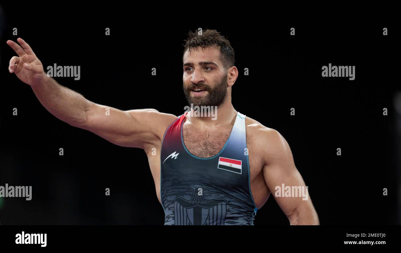 Egypt's Mohamed Metwally reacts during the men's 87kg Greco-Roman ...