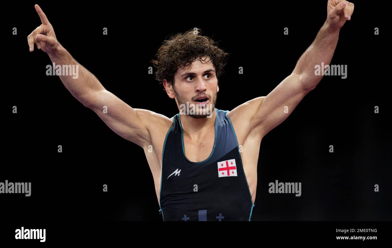 Georgia's Ramaz Zoidze reacts during the men's 67kg Greco-Roman ...