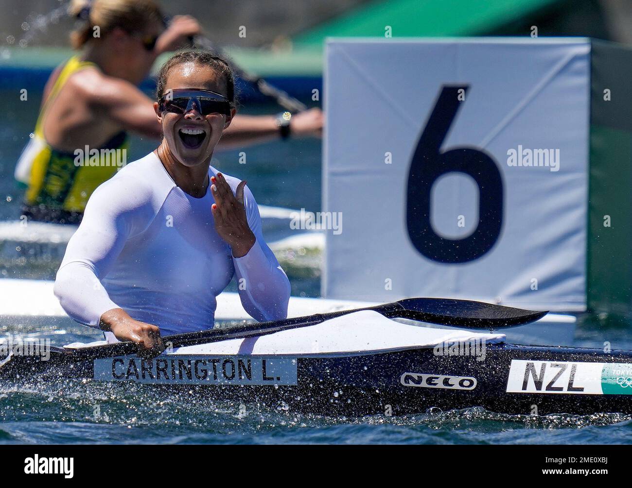 Lisa Carrington, of New Zealand, reacts after winning the women's kayak ...