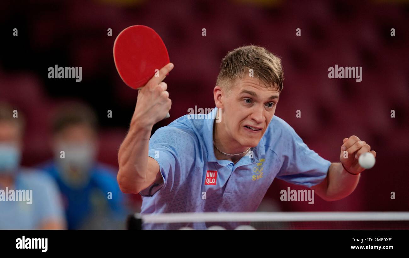 Sweden's Anton Kaellberg competes during the table tennis quarterfinal ...