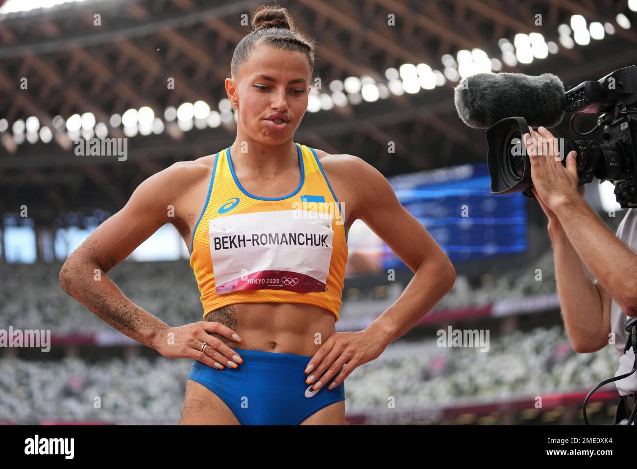 Maryna Bekh-Romanchuk, of Ukraine, reacts after the women's long jump ...