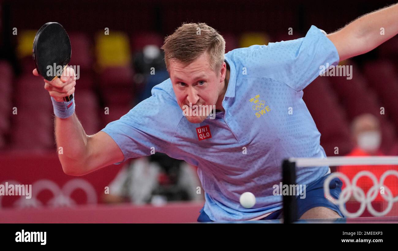 Sweden's Mattias Falck compete during the table tennis quarterfinal men ...