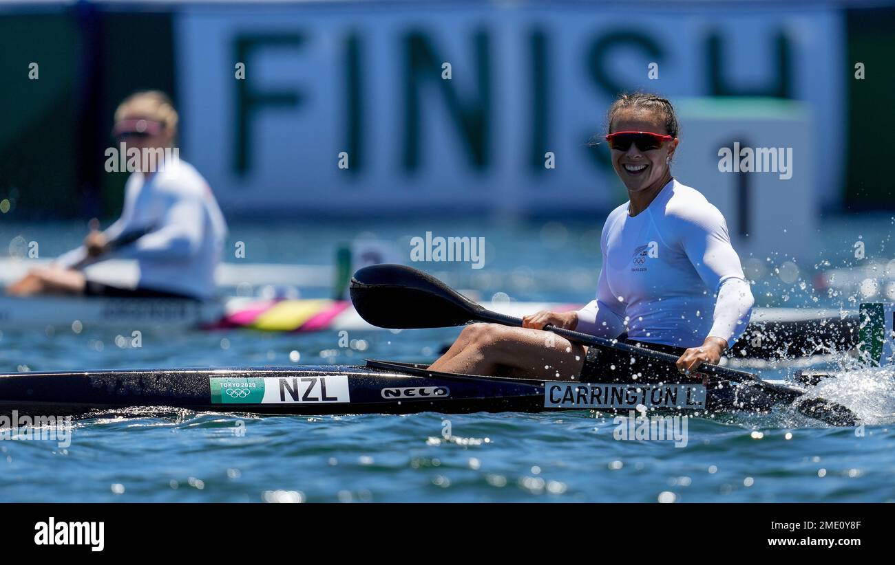 Lisa Carrington, of New Zealand, reacts after competing in the women's ...