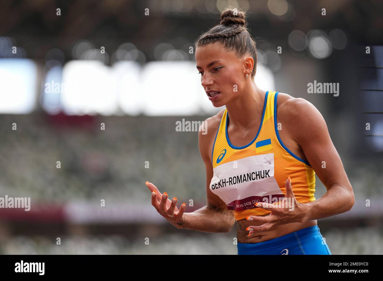 Maryna Bekh-Romanchuk, of Ukraine, competes in the women's long jump ...