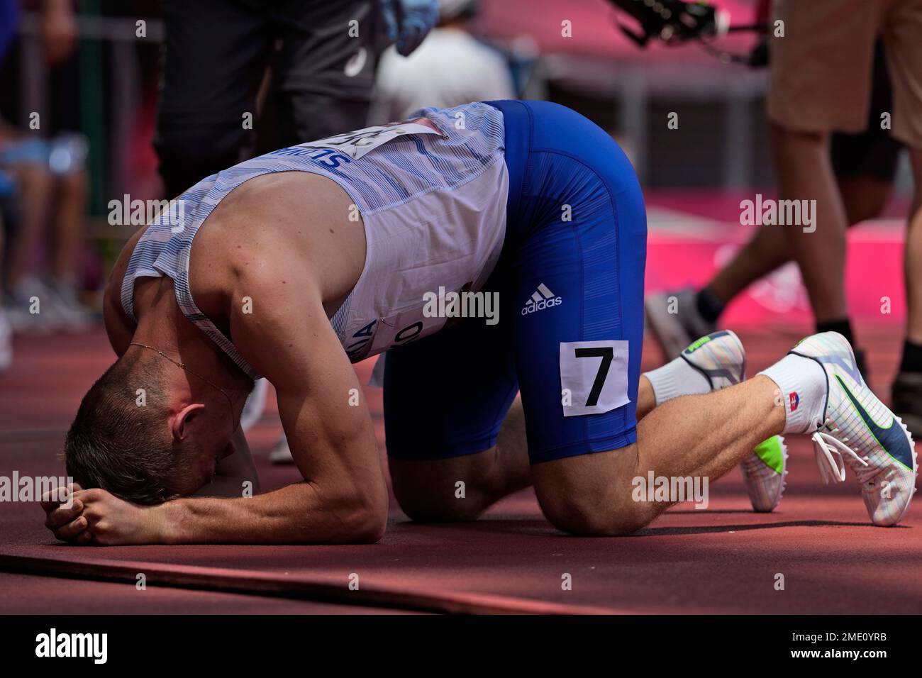 Jan Volko, of Slovakia, reacts following his heat of the men's 200 ...