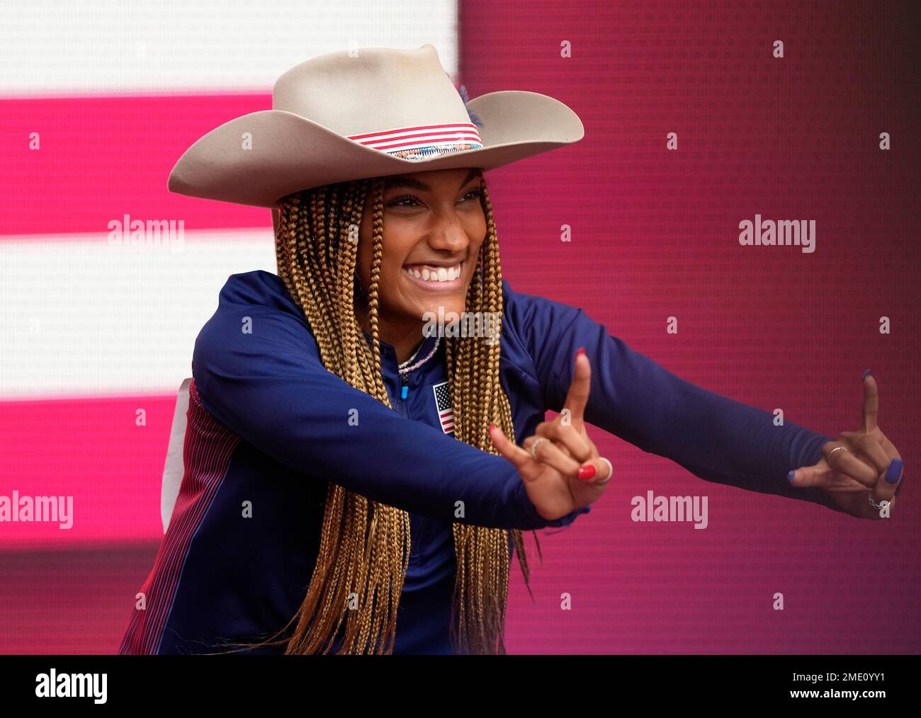 Tara Davis, of United States arrives for the start of the women's long ...