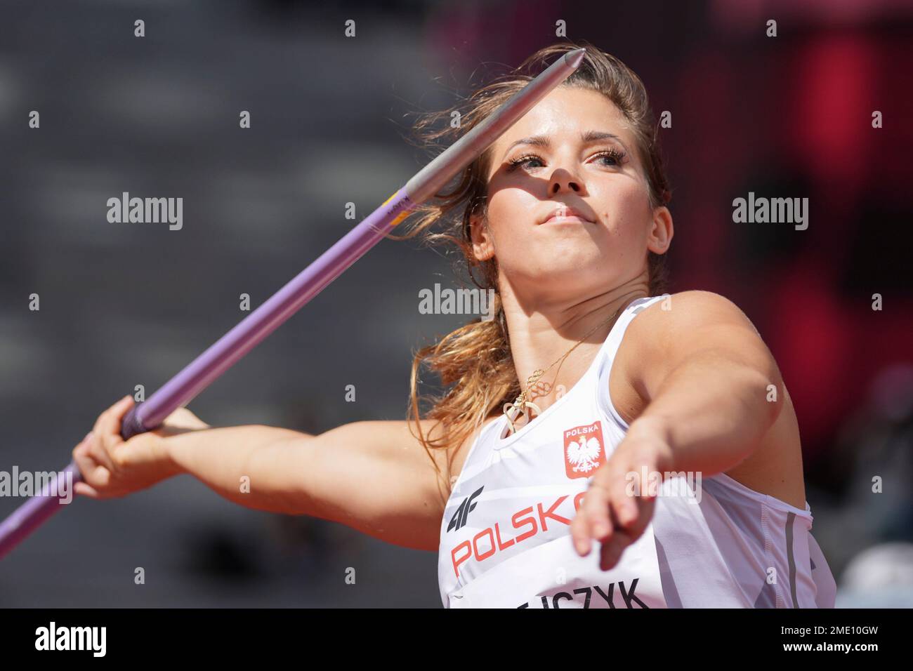 Maria Andrejczyk, of Poland, competes in qualifications for the women's ...