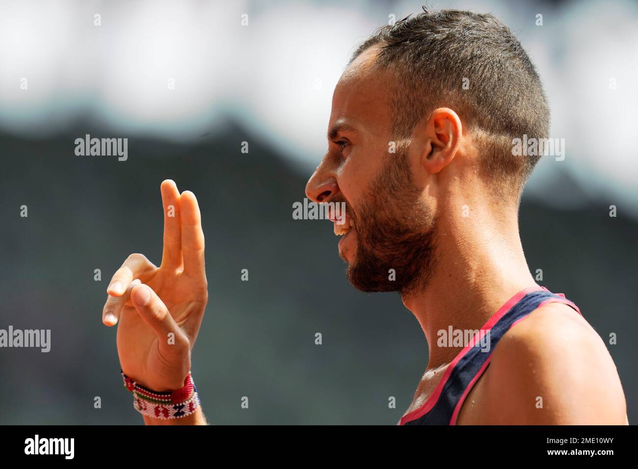 Azeddine Habz, of France, gestures after his heat of the men's 1,500 ...