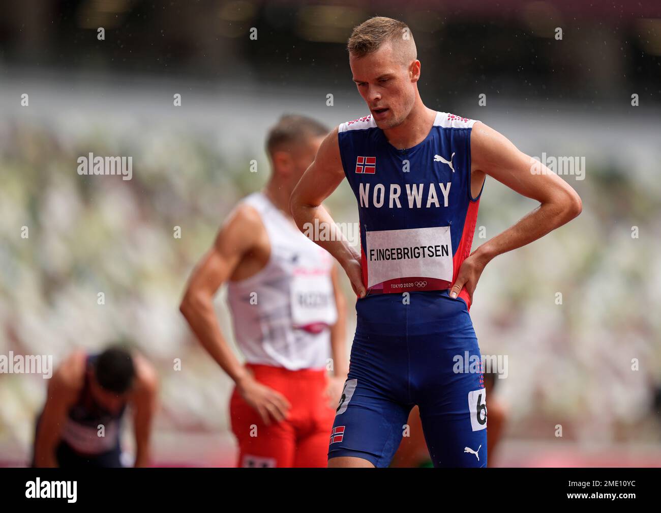 Filip Ingebrigtsen, of Norway reacts after finishing a men's 1,500 ...