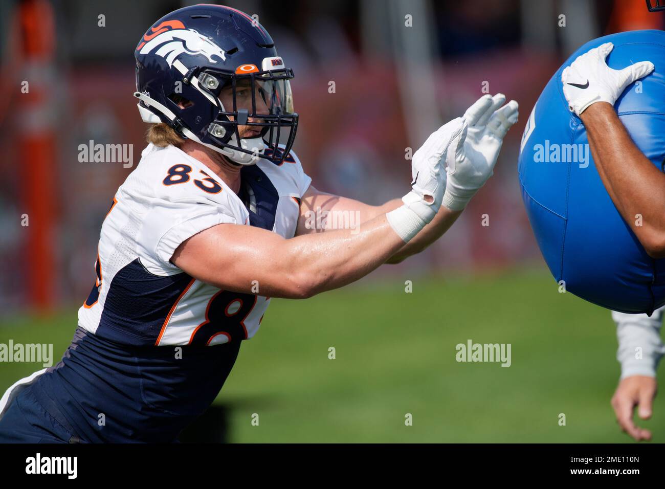 Denver Broncos tight end Andrew Beck (83) takes part in drills at an ...