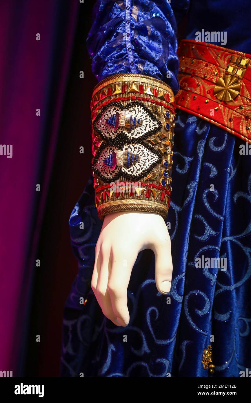 Detail of a costume on display from the Broadway musical "Aladdin" at ...