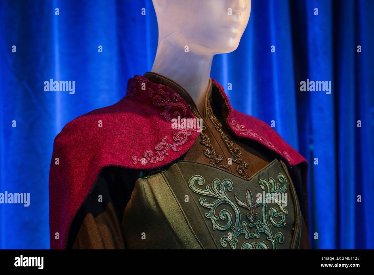 Detail of a costume on display from the Broadway musical "Frozen" at ...