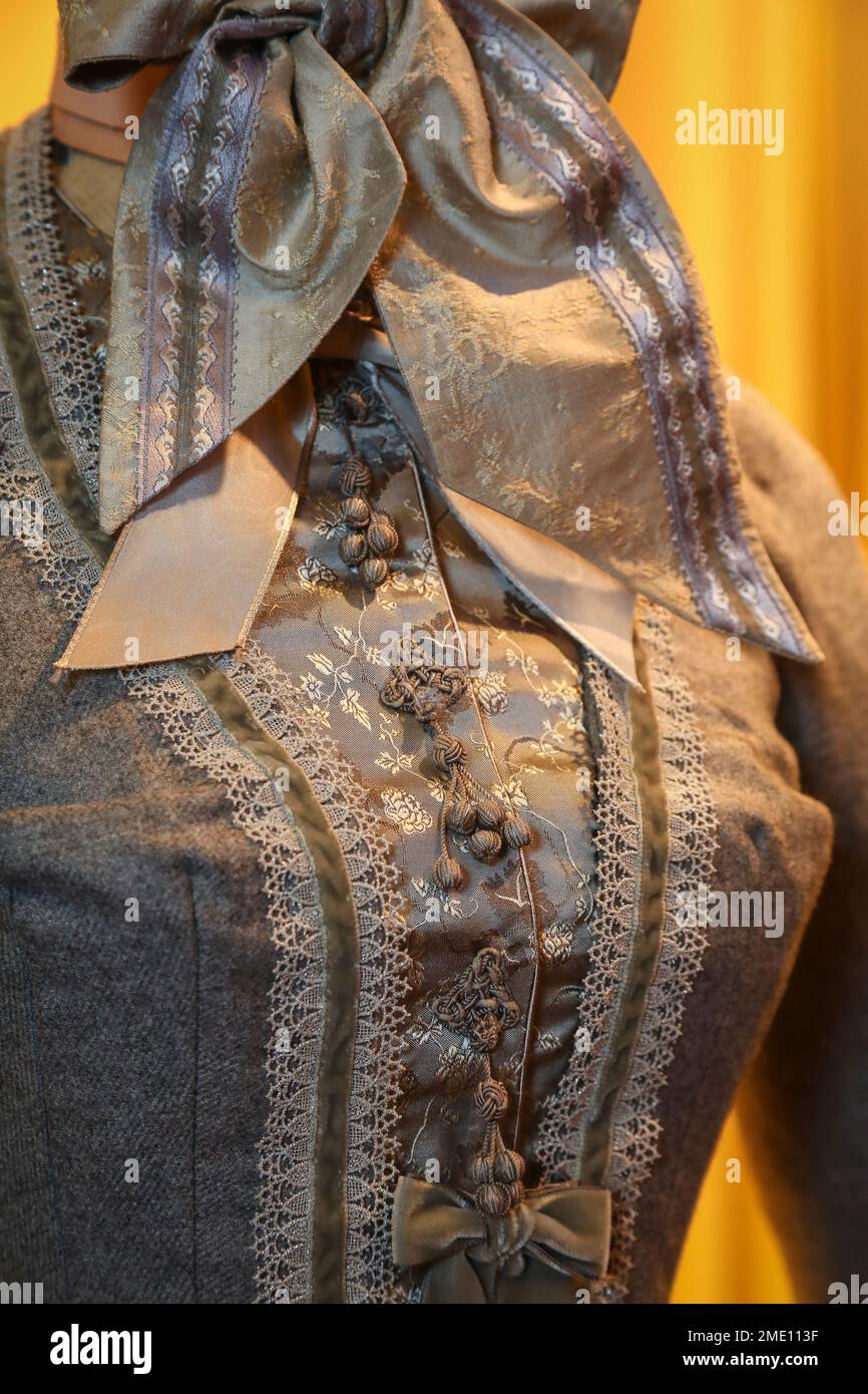 Detail of a costume from the TV series "Dickinson" on display at the ...
