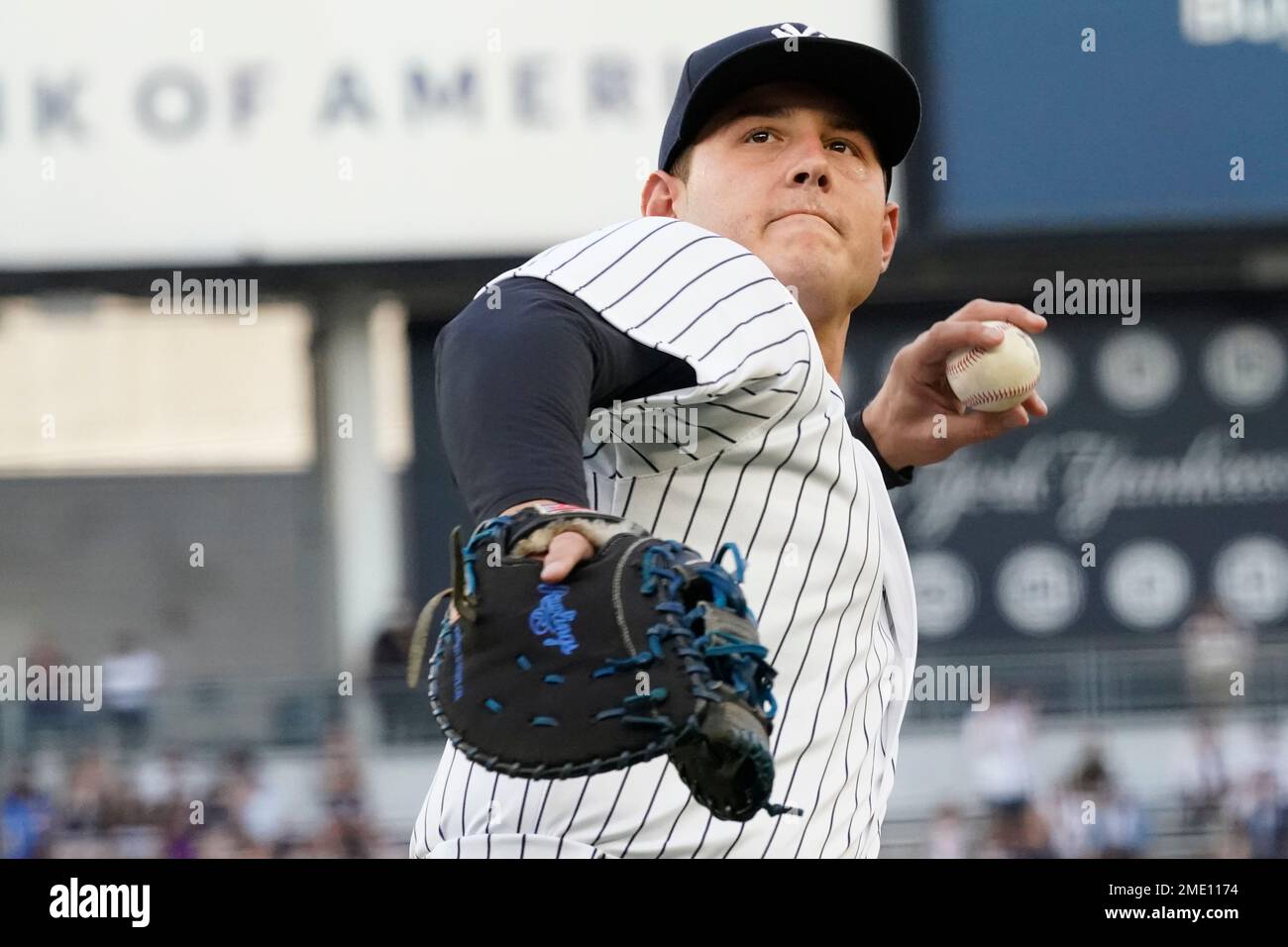 New York Yankees' Anthony Rizzo throws the ball to fans during the ...