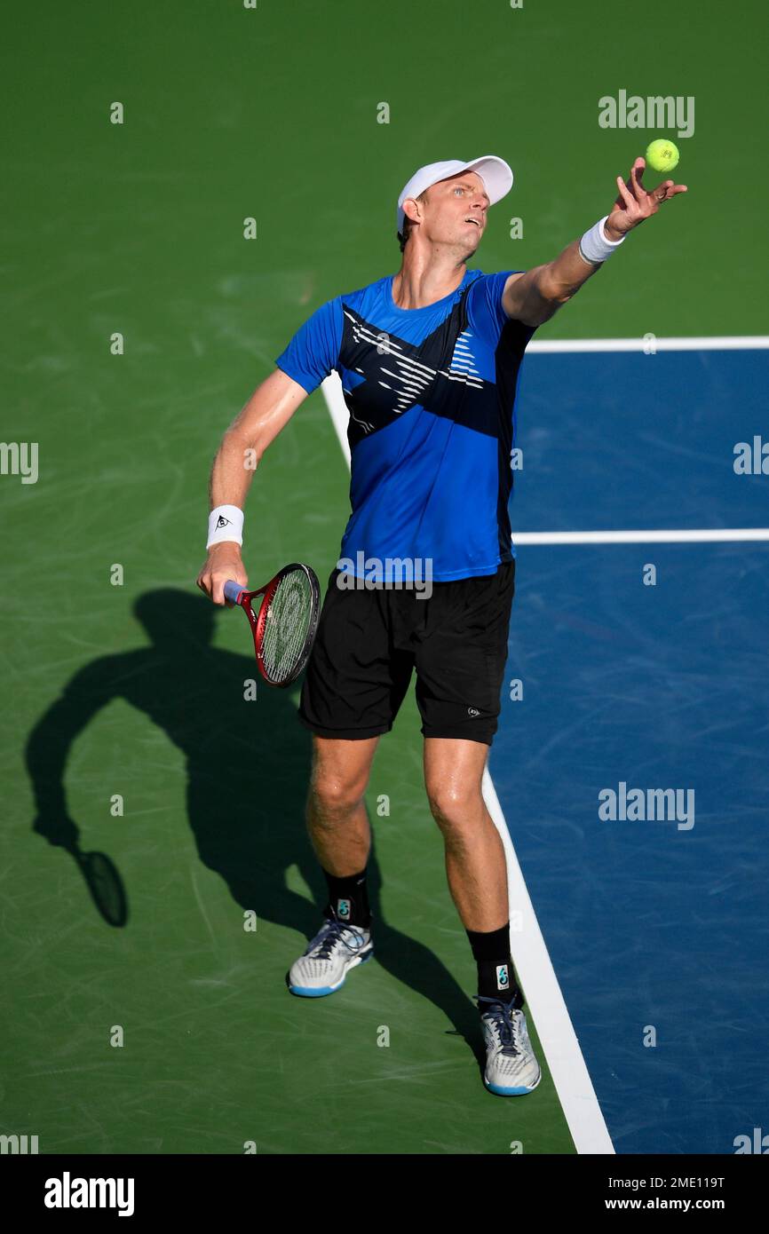 Kevin Anderson, of South Africa, serves to Jenson Brooksby during a ...