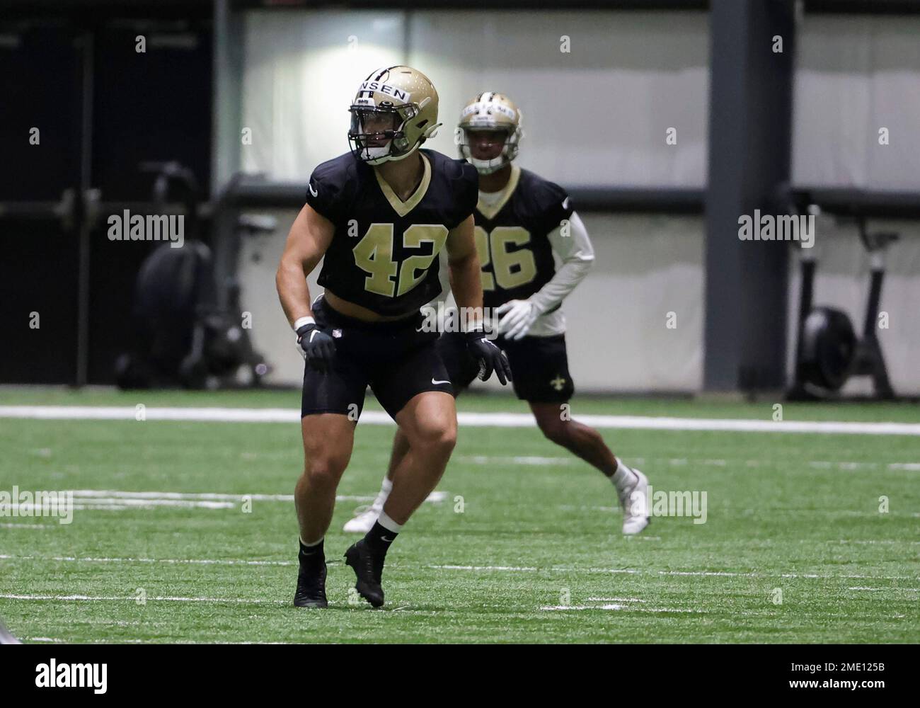 New Orleans Saints linebacker Chase Hansen (42) runs a drill during NFL ...