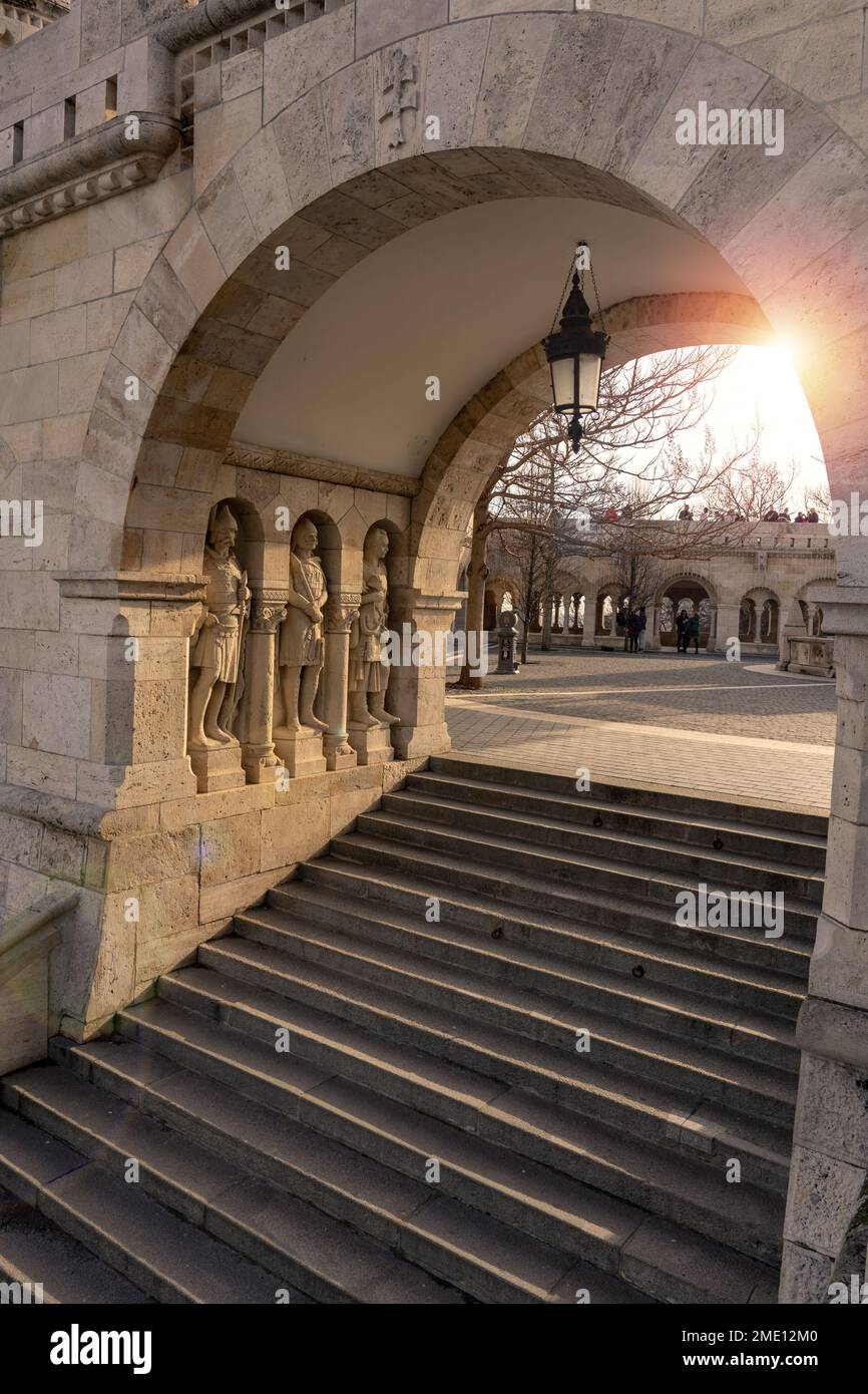 arch in the fisherman bastion with guard statues and sunshine Stock ...