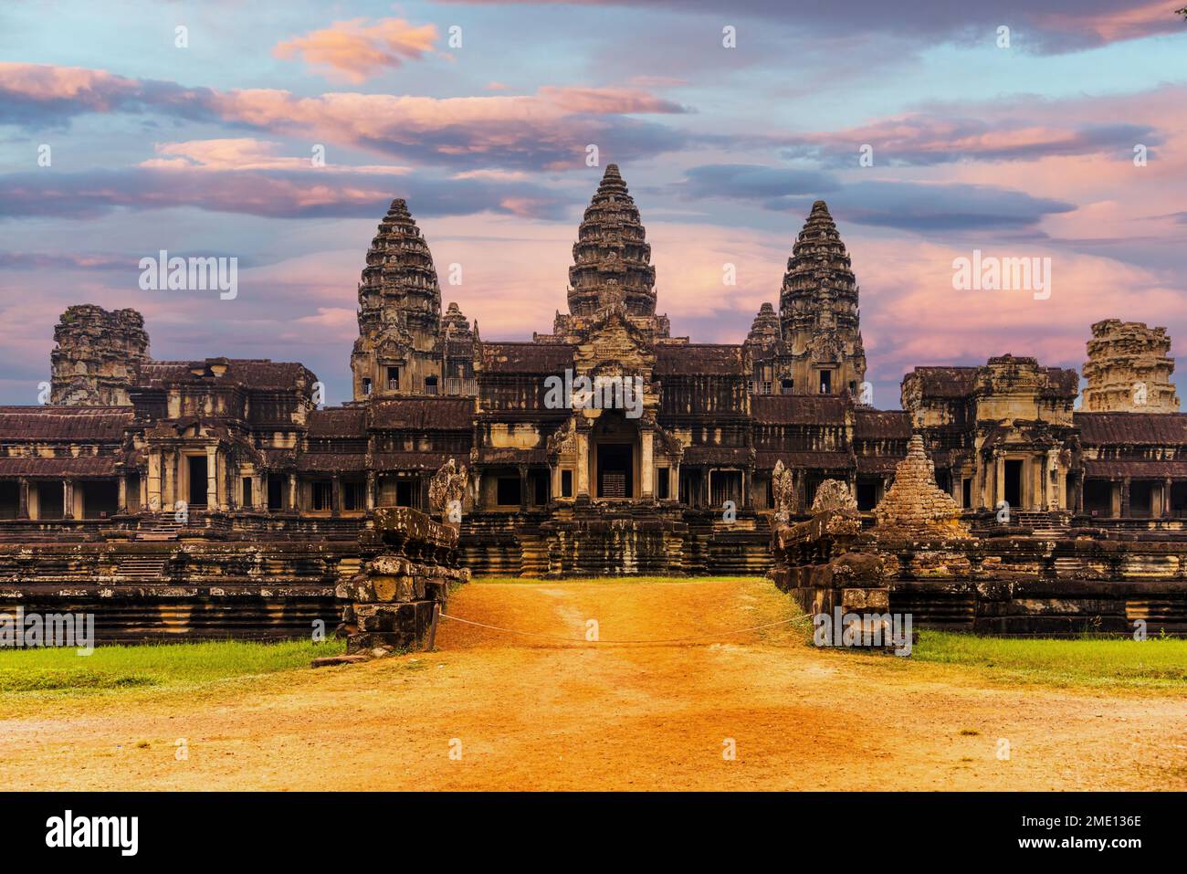 Angkor Wat at sunset sean from the east gate path Stock Photo - Alamy