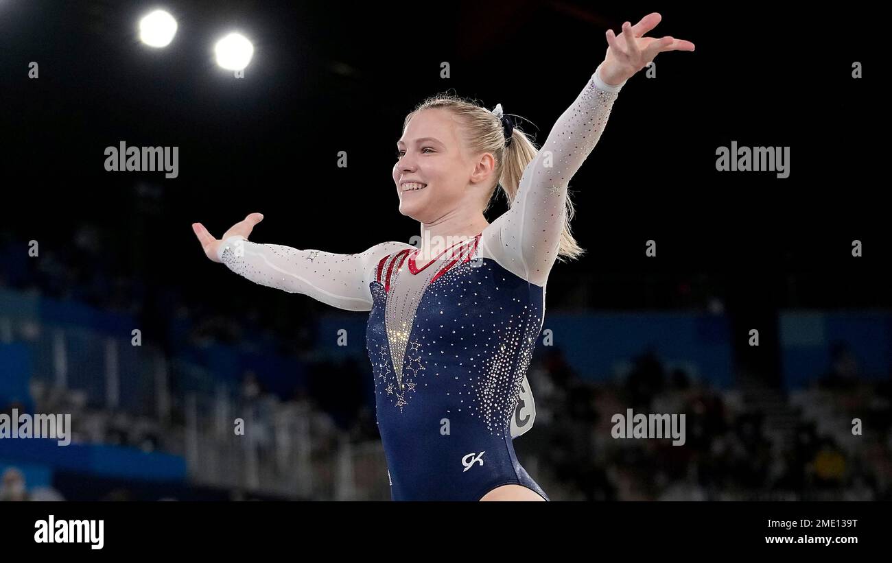 Jade Carey, of United States, performs on the floor exercise during the ...