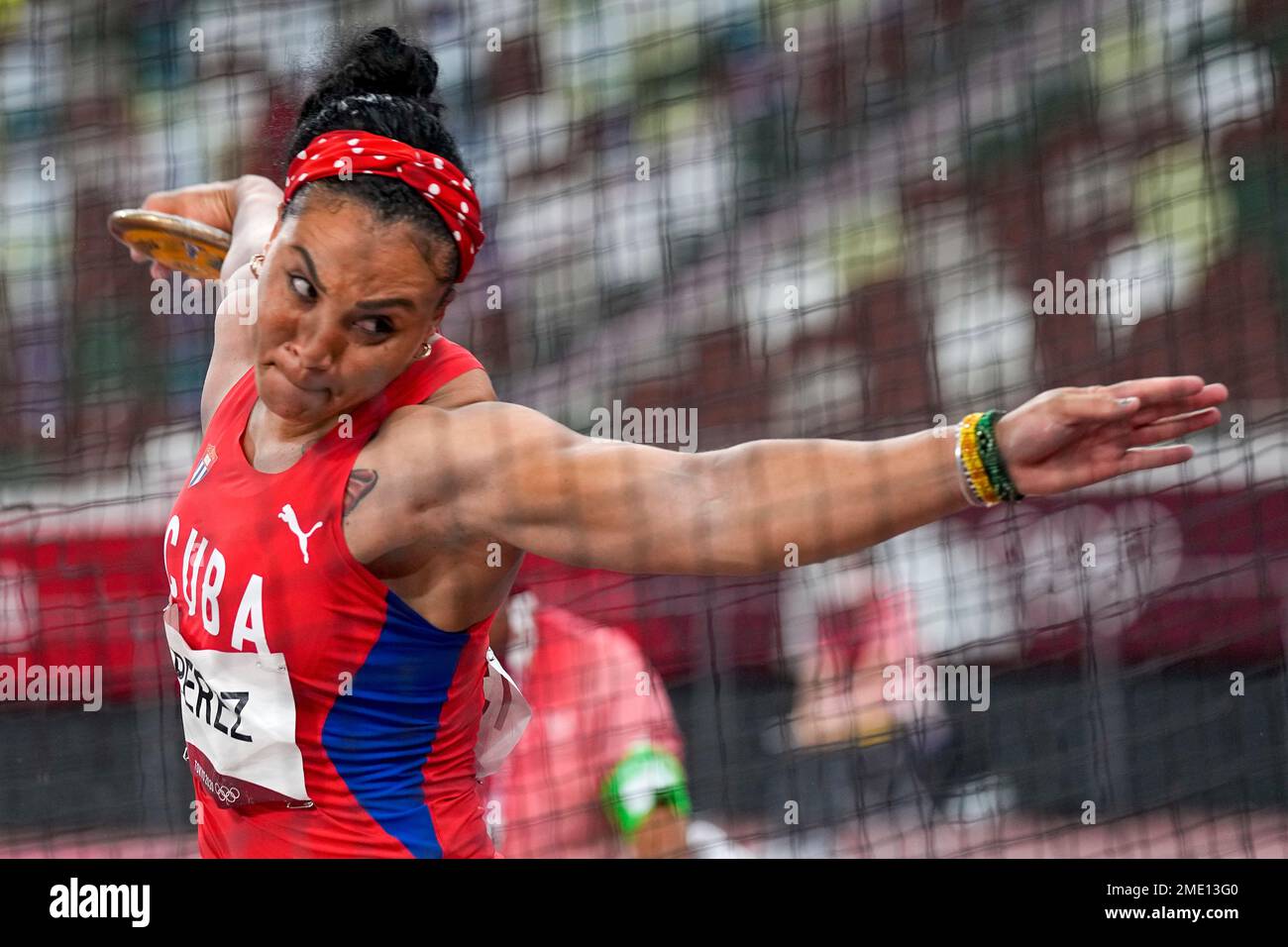 Yaime Perez, of Cuba, competes in the women's discus throw final at the ...