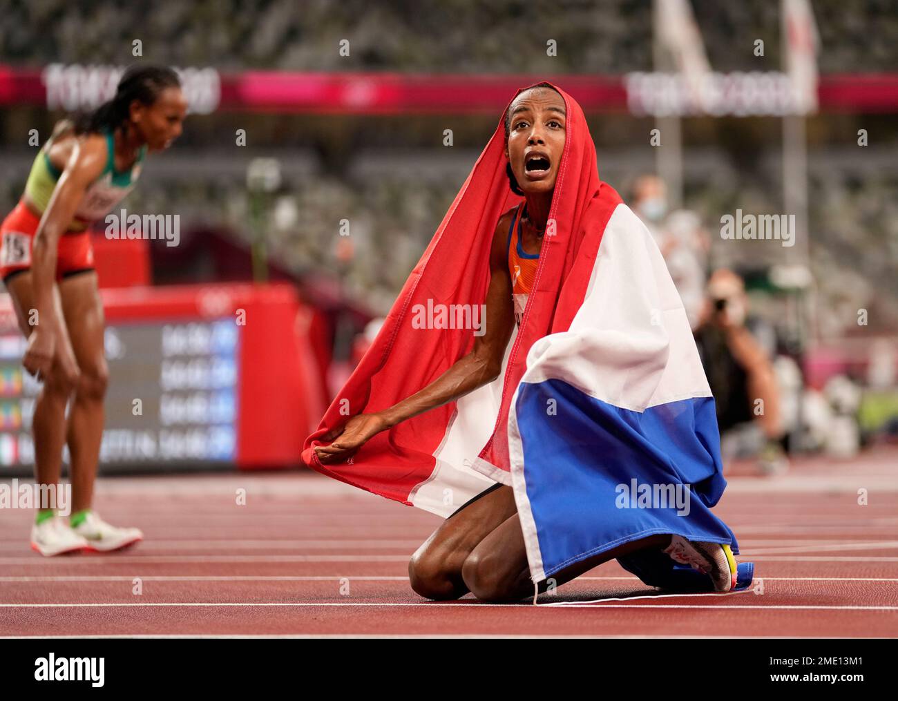 Sifan Hassan, of Netherlands celebrates after winning the gold medal in ...