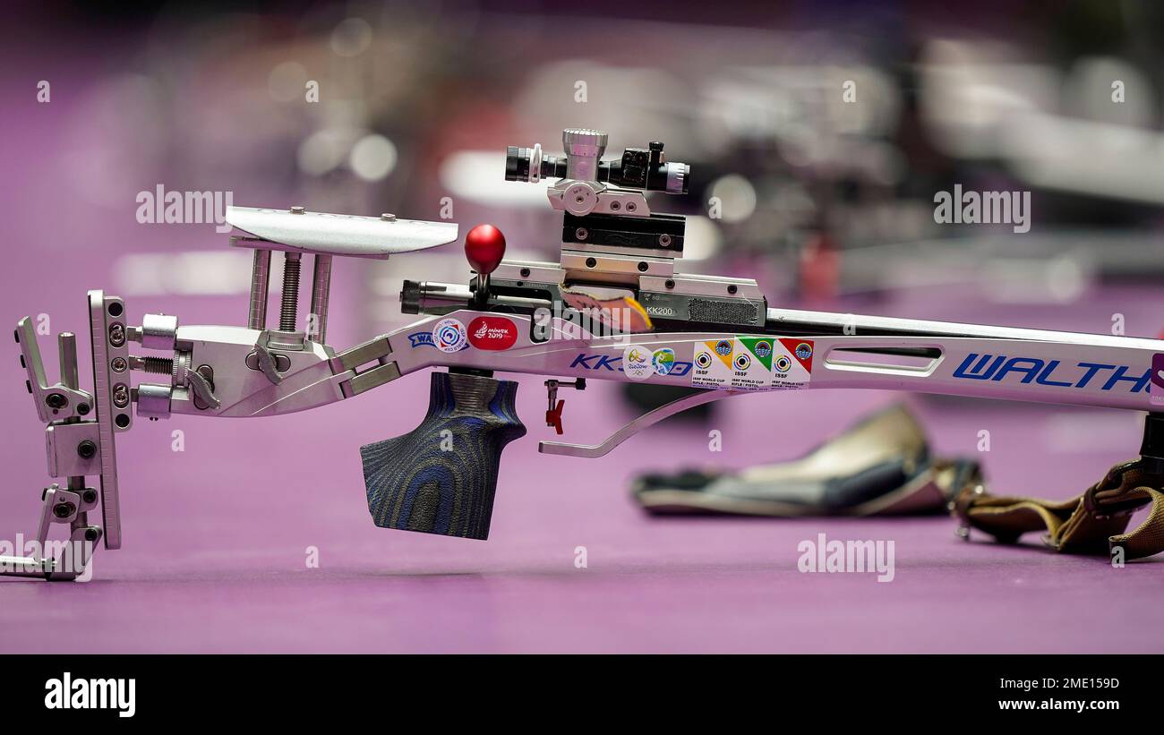 Athletes rifles are ready for the start of the men's 50-meter 3 ...