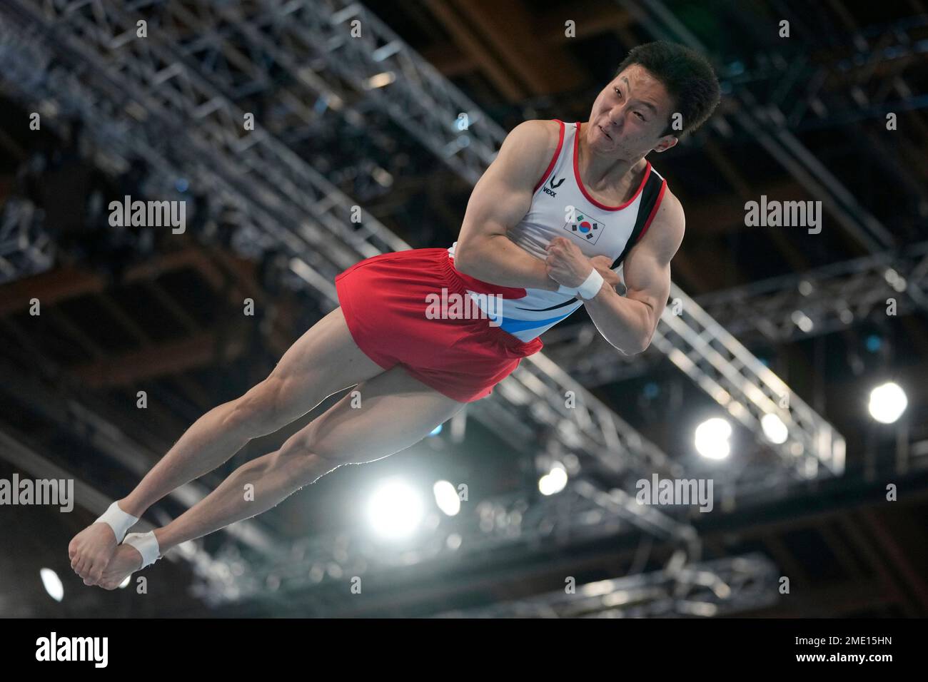 Shin Jeahwan, of South Korea, performs on the vault during the artistic ...