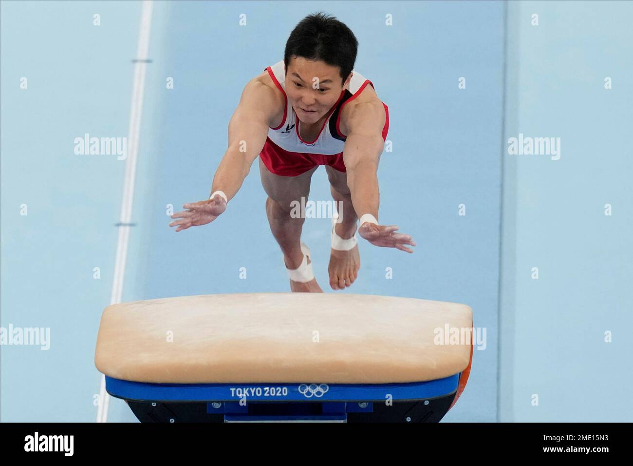 Shin JeahWan, of South Korea, performs on the vault during the artistic ...