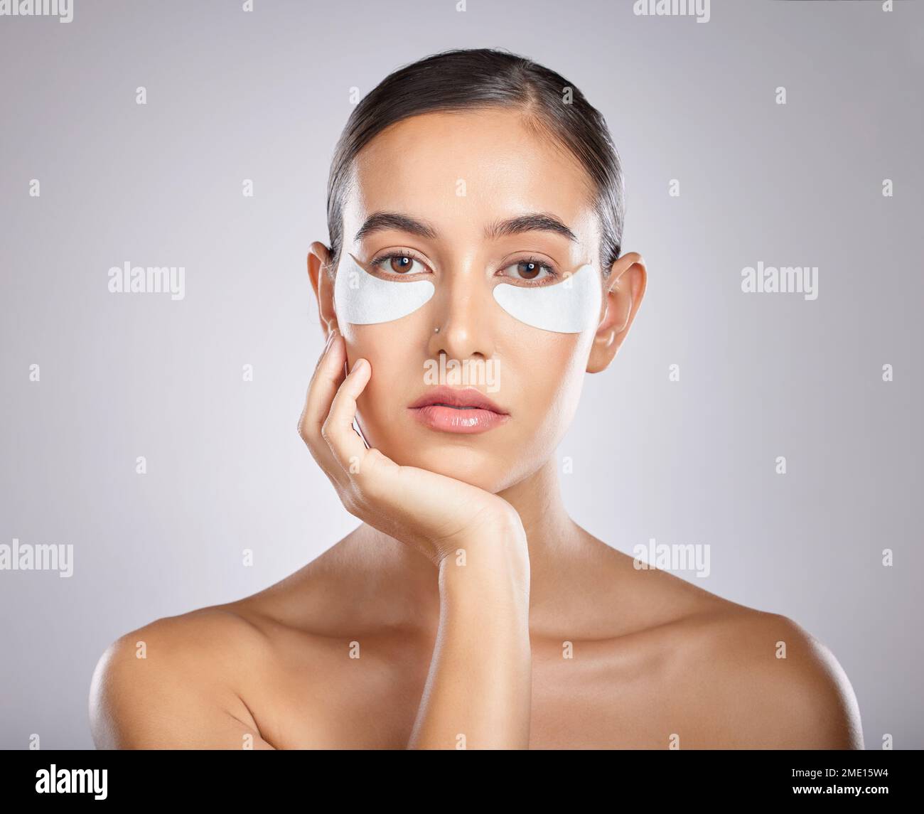 Beauty, eye patch and portrait of woman with skincare product for self care, anti aging and ...