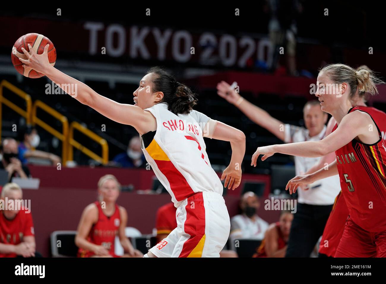 China's Ting Shao (7) grabs a rebound ahead of Belgium's Kim Mestdagh ...