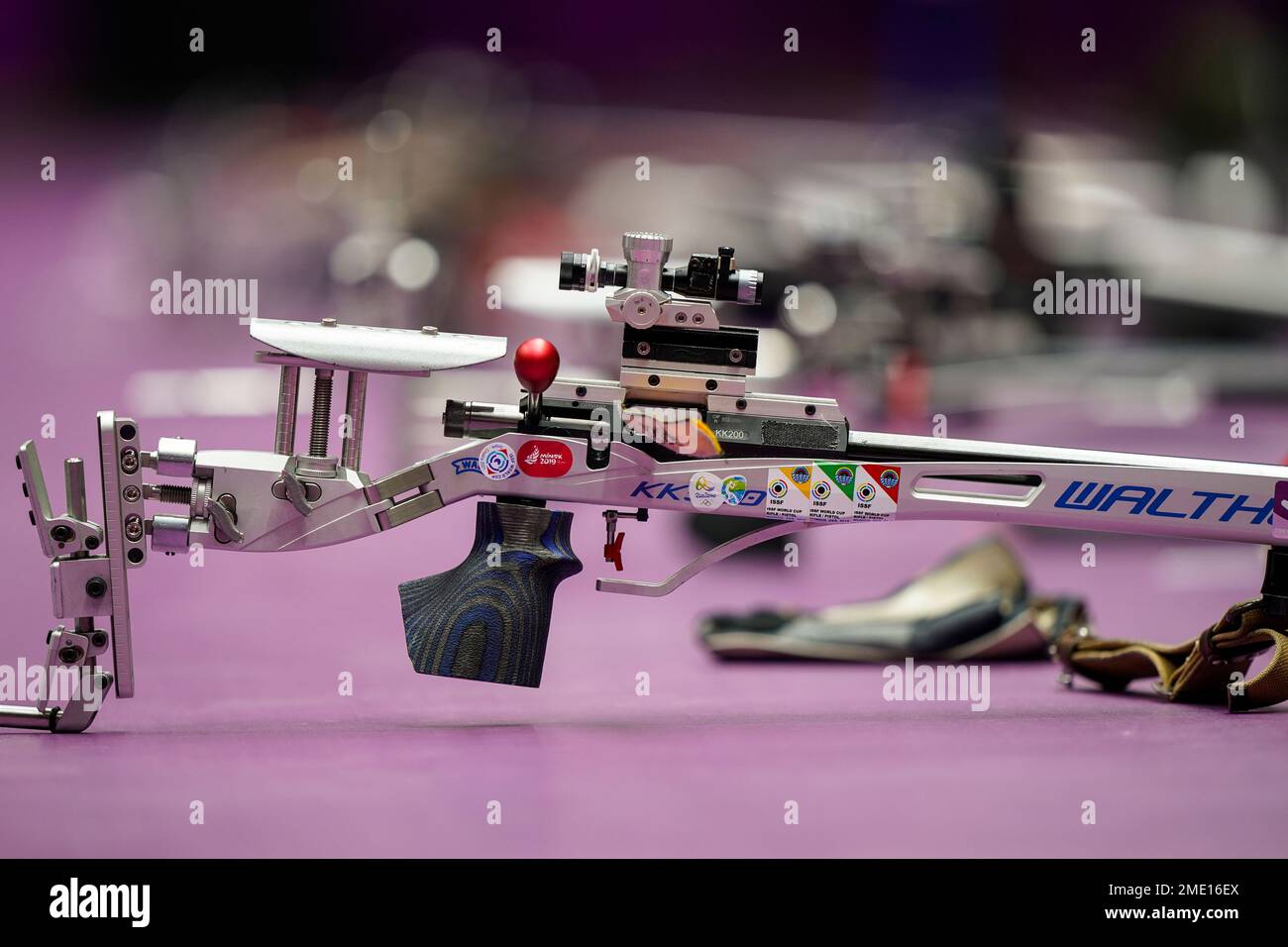 Athletes rifles are ready for the start of the men's 50-meter 3 ...