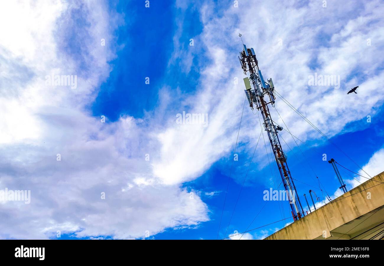 Red white 5G tower with blue sky background radiation kills us in Playa ...