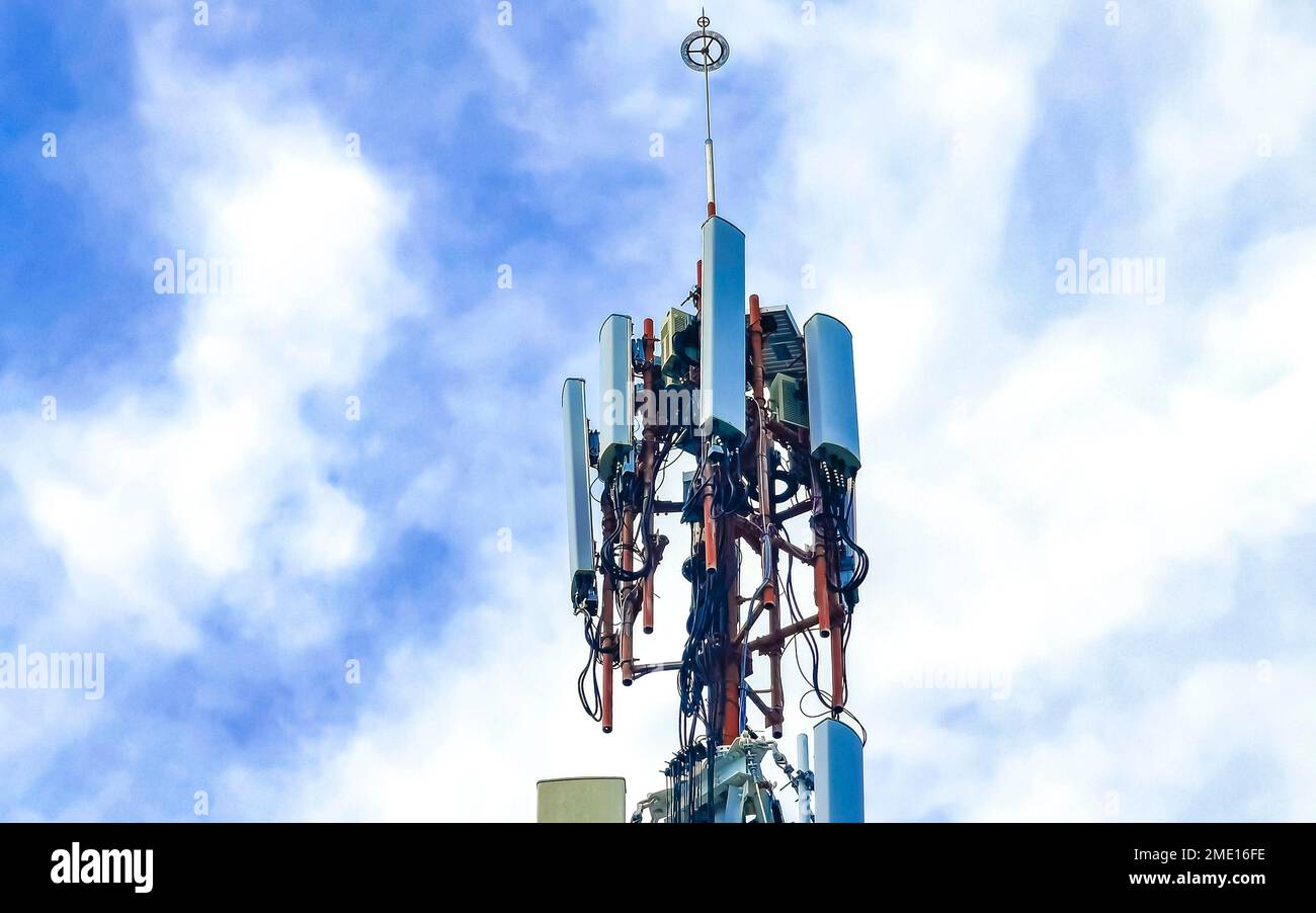 Red white 5G tower with blue sky background radiation kills us in Playa ...