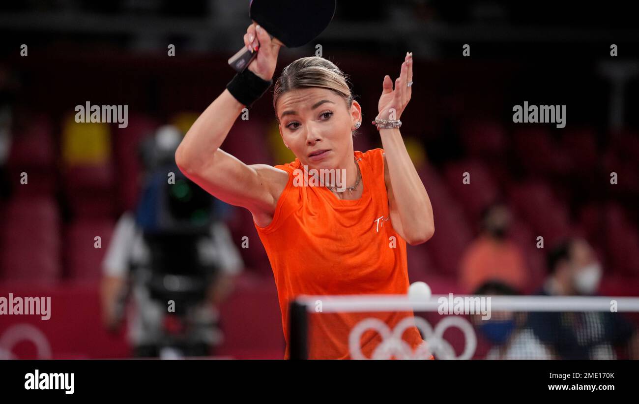Romania's Bernadette Szocs competes during the table tennis ...
