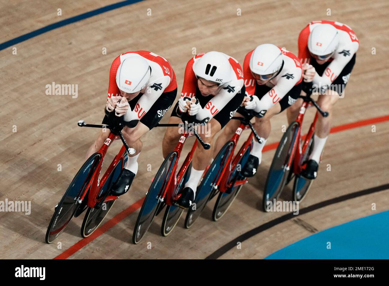 Team Switzerland competes during the track cycling men's team pursuit ...