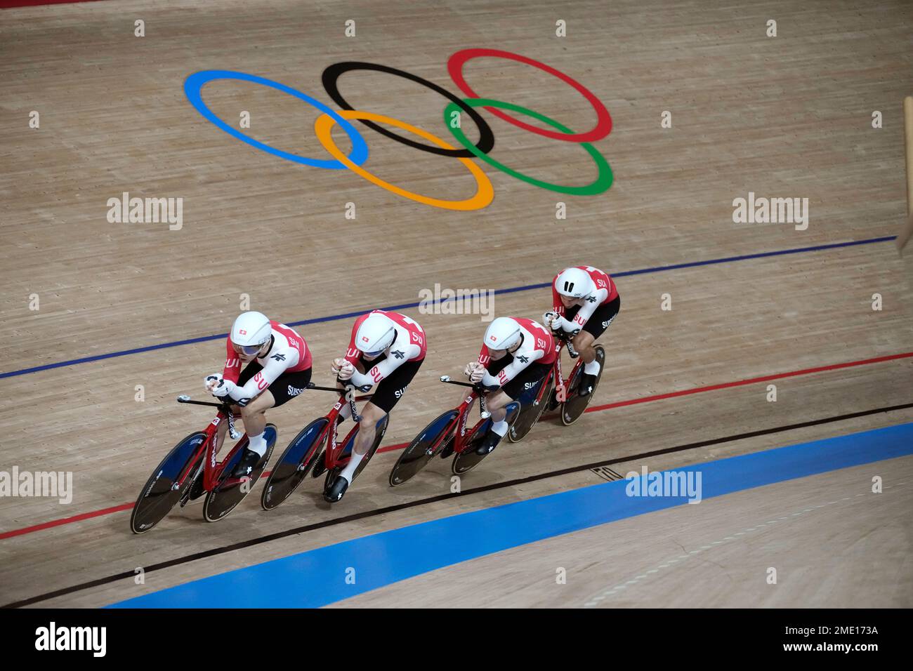 Team Switzerland competes during the track cycling men's team pursuit ...