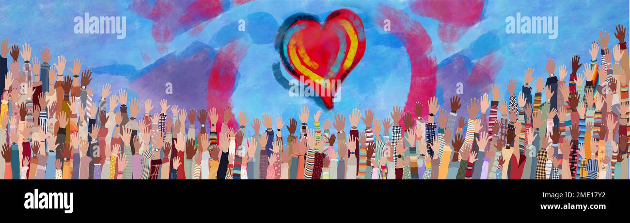 Many raised hands Diverse people. Charitable donation and volunteer ...